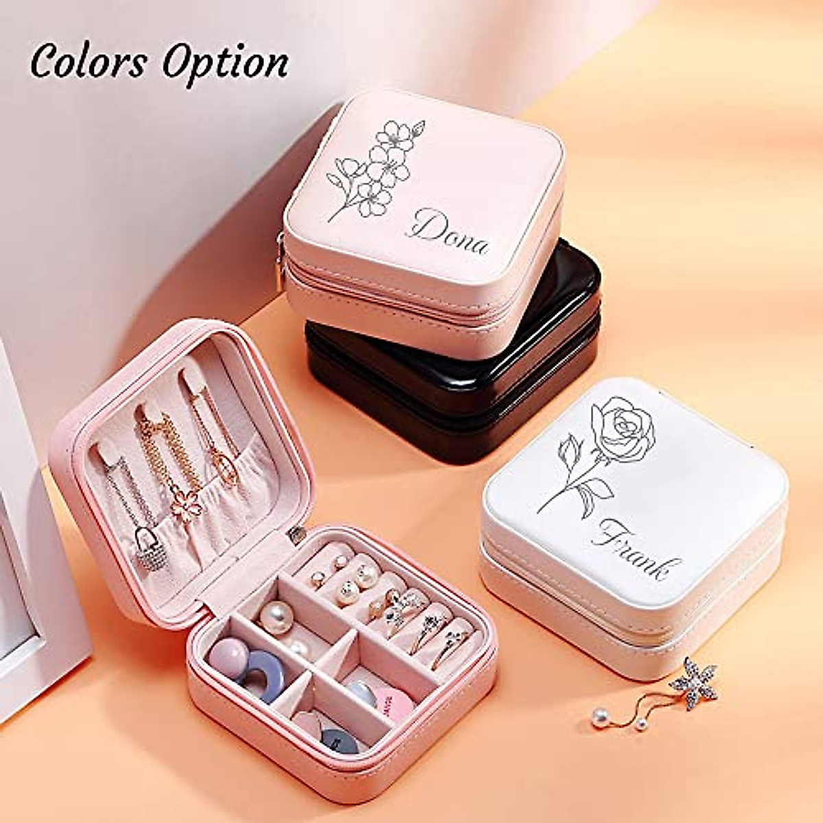 Disc Us Custom Leather Jewelry Box, Personalized Jewelry Travel Case, Customized Jewelry Organizer Box with Name and Birth Flower Month, Mom Birthday Gifts for Women (Birth Flower-2)
