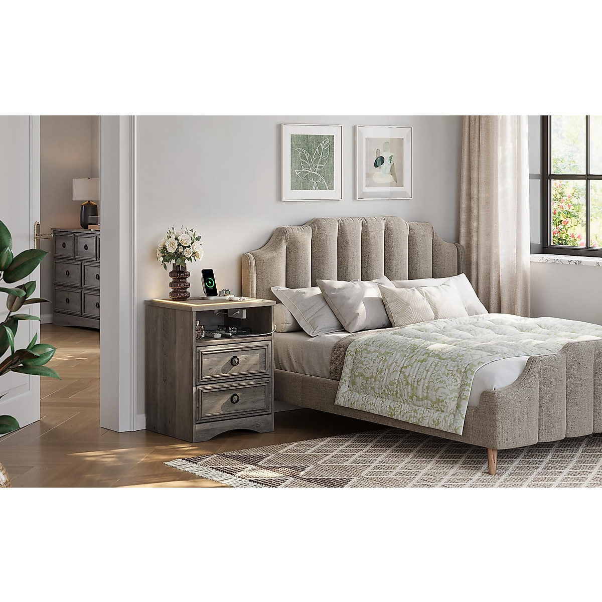 Nightstand with Strip Lights,USB Outlets Set of 2, Night Stand with Drawers, Accent Bed Side Table and End Table with Open Storage for Bedroom, Living Room,Gray