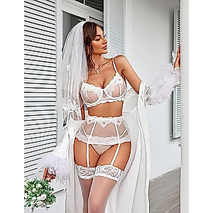 ADOME Bridal Lingerie for Women Lace Lingerie White Lingerie Set Lingerie with Garter and Stockings(White,M)