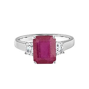 MOONEYE Classic 1.50 Ctw Radiant Cut Ruby Glass Field Gemstone 925 Sterling Silver Three Stone Promise Ring