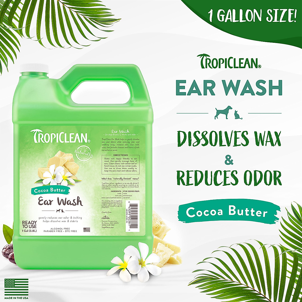 TropiClean Cocoa Butter Ear Wash for Dogs & Cats | Alcohol Free Dog Ear Cleaner Solution | Pet Ear Wash Derived from Natural Ingredients | Made in The USA | 1 Gallon