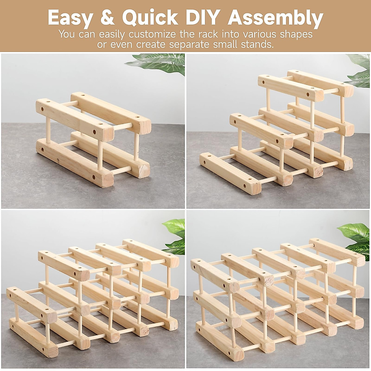 12-Bottle Stackable Wooden Wine Rack, Modular Wine Racks Storage Shelf, Small Wine Bottle Organizer for Inside Cabinet and Countertop (Assembly Needed)