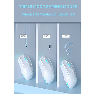 AJ52PRO Watcher 2.4G Wireless/ Bluetooth 5.0/ Wired Gaming Mouse, 10000 DPI, Programmable 7 Buttons, Ergonomic LED Backlit USB Gamer Mice Computer Laptop PC, for Windows Mac Linux OS, Star White