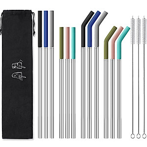 12-Pcs Reusable Metal Straws with Silicone Tips, Stainless Steel Drinking Straws with 3 Cleaning Brushes & 1 Portable Bag- Perfect for 30 oz and 20 oz Tumblers