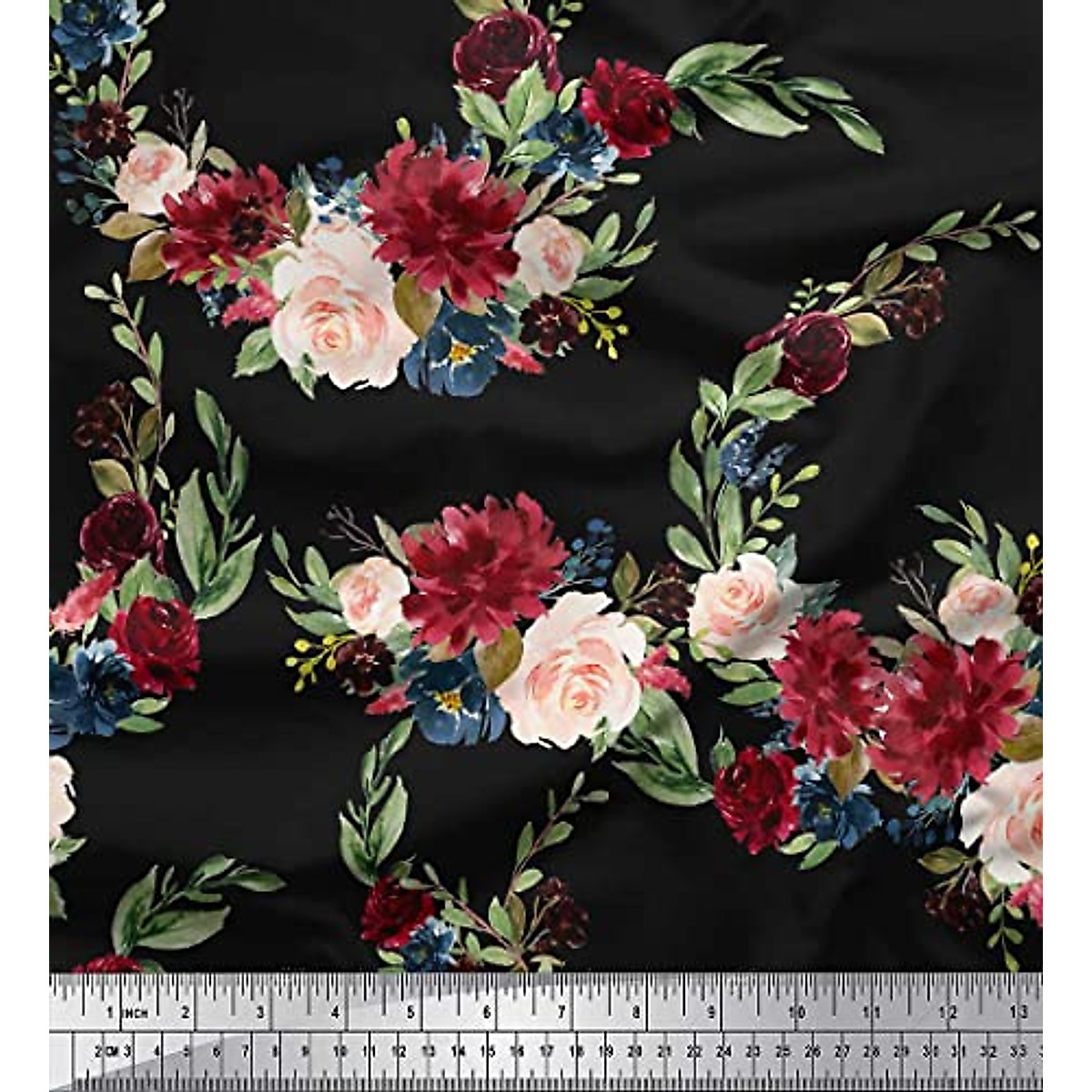 Soimoi Black Cotton Canvas Fabric Ranunculus & Penoy Floral Print Printed Craft Fabric by The Yard 44 Inch Wide