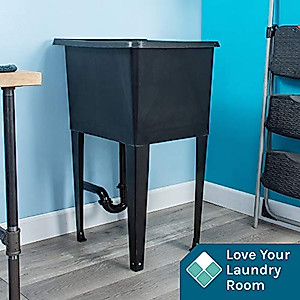Black Space Saver Utility Sink by JS Jackson Supplies, Freestanding Tehila Space Saving Laundry Tub, Black Metal Legs with P-Trap Kit