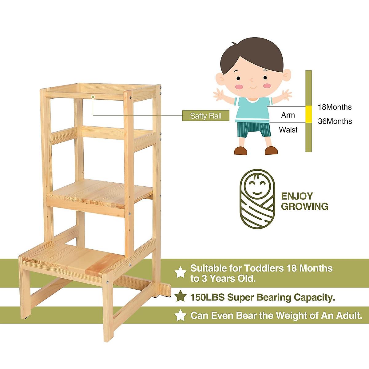 RedSwing Toddlers Kitchen Stool Helper, Sturdy Kids Step Stool with Safety Rail, Wooden Baby Standing Tower for Kitchen Counter and Bathroom, Easy to Assemble, Natural