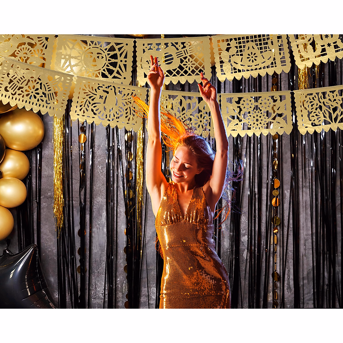 Gold Papel Picado Banner - Matte Gold Papel PicadoTissue Paper Banner for fiestas, weddings, bridal shower, engagement, baby shower, birthdays 2 pack/12ft long each)/ Not plastic