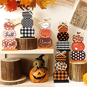 Barydat 6 Pcs Thanksgiving Table Decor Sign Stacked Pumpkins Wooden Pumpkins Stacked Thanksgiving Tiered Tray Decor Fall Decorations for Home Farmhouse Harvest Mantel Party