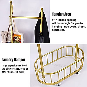 Gold Metal Garment Rack with Lockable Wheels and Bottom Storage Basket, Ideal for Home and Commercial Use in Hallway, Bedroom, Living Room, Balcony, Office, and Shop (Gold)