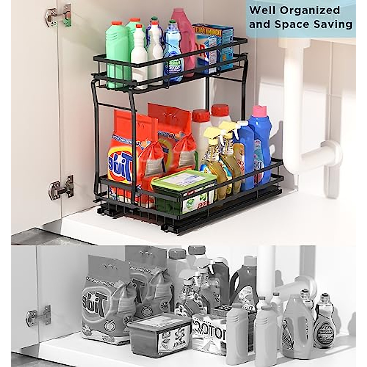 GMFINE 2 Pack Under Sink Organizer and Storage, 2 Tier Slide Out Undersink Cabinet Organizer Storage Organization with Hooks for Under Kitchen Bathroom Sink Storage Cleaning Supplies, Black