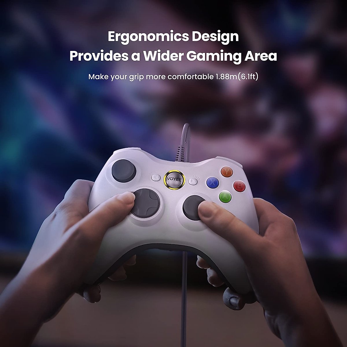 VOYEE PC Controller, Wired Controller Compatible with Microsoft Xbox 360 & Slim/PC Windows 10/8/7, with Upgraded Joystick, Double Shock | Enhanced (White)