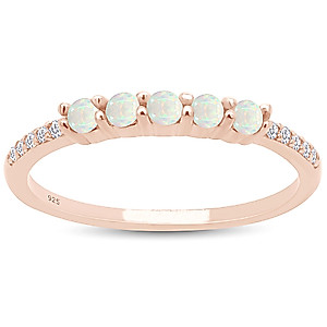 AFFY Five Stone Design, Dainty 14k Rose Gold Plated 925 Sterling Silver Round Cut Created Opal And Cubic Zirconia Stackable Ring Jewelry For Women Size -6