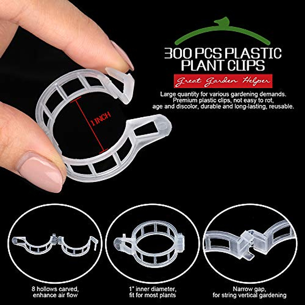 Fandamei 300 PCS Plastic Garden Plant Support Clips, Tomato Clips, Plant Ties, Trellis Clips, for Tomato Cucumber Flower Squash Vine, 1” Inner Diameter