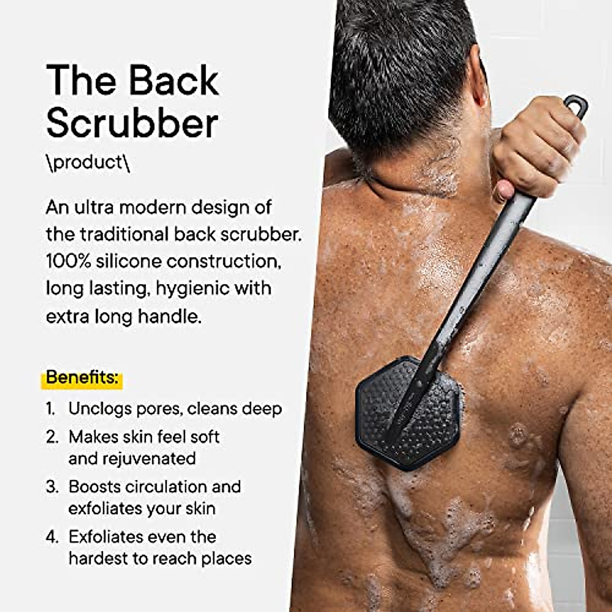 Tooletries - Back Scrubber & Hook - Silicone Long Handle Bath Shower Back Brush, Back Scrubber Body Exfoliator + Removable & Reusable Hook - Charcoal