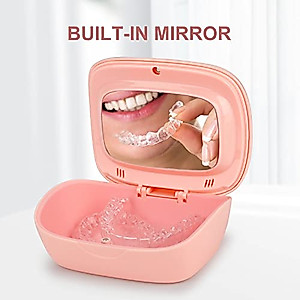 MURRI&MURRDI Retainer Case,Denture Case,Denture Bath Box with Strainer Basket,Cute Denture Holder Storage Soak Container for Travel Cleaning, Mouth Guard Case, Braces cleaner Cup (H Pink)