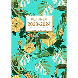 Planner July 2023-2024 June: A4 Weekly and Monthly Organizer | Summer Tropical Floral Design Turquoise