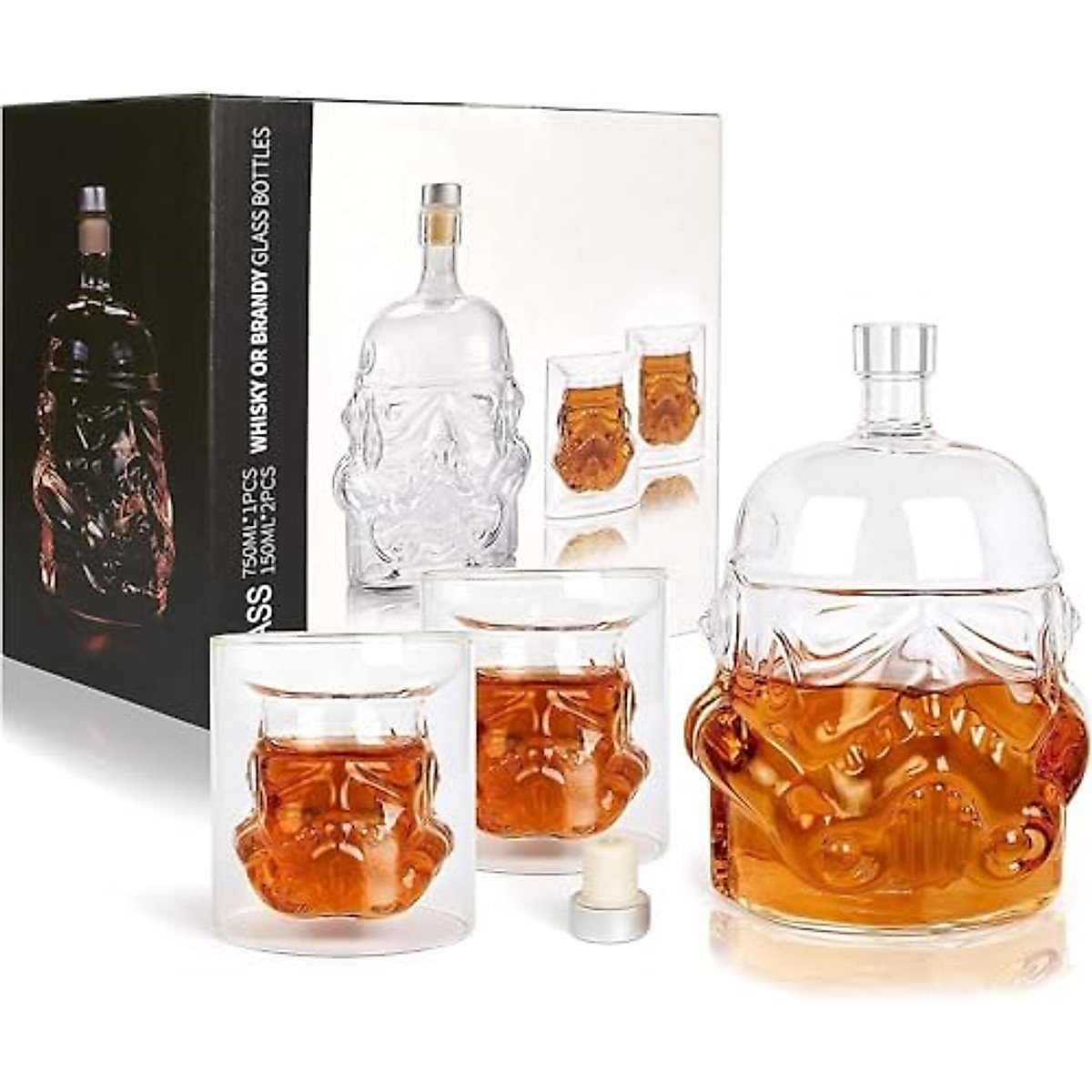 AUTIORE Whisky Decanter Set Transparent Creative With 2 Glasses, Whisky Carafe for Wine, Vodka, Scotch, Bourbon, Liquor, 1 x Flask Carafe Decanter 750ml With 2 Glasses 150ml, Gifts for Dad, Husband