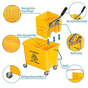HOMCOM 5 Gallon Rolling Janitorial Cleaning Mop Bucket Commercial Restaurant with Down Press Wringer