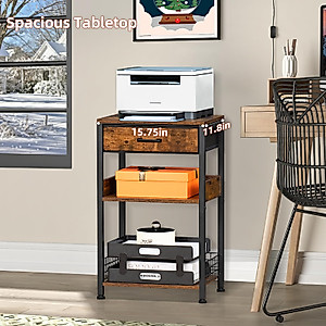 Lerliuo End Table with Fabric Drawer,3 Tier Industrial Wood Side Table with Storage,Modern Tall Printer Stand,Vintage Brown Nightstand,Rustic Bedside Tables for Living Room Bedroom Small Spaces