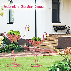 Kikth Set of 2 Pink Metal Flamingo Planters with Basket for Indoor Outdoor Garden Yard Decor