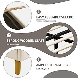 YUHUASHI upholstered Platform Bed Frame/Twin Bed Frame/Modern Geometric Double-Wing Design headboard/Velvet Fabric/Easy to Assemble no Noise (Cream, Twin)