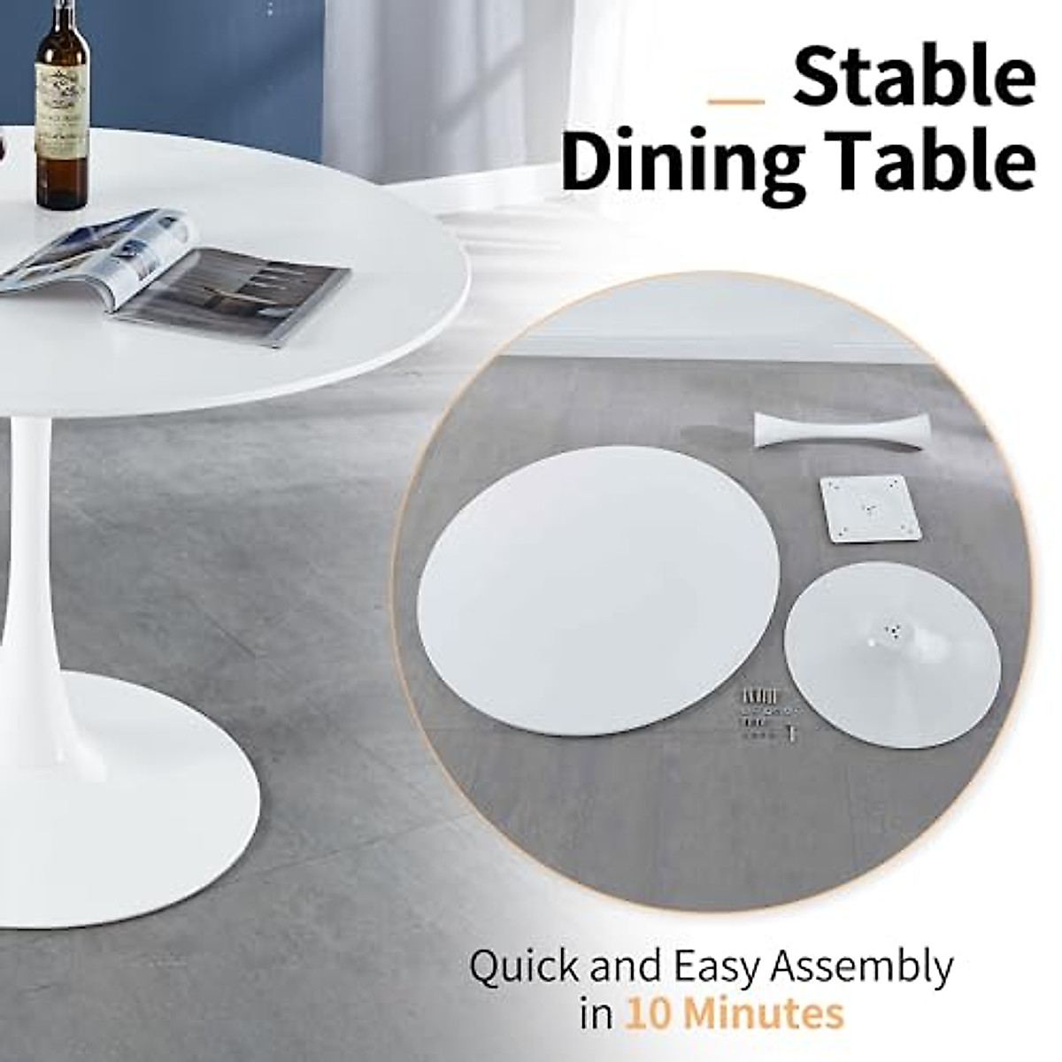 ANDORON Round Dining Table, 42 Inches Kitchen Tulip Table for 4-6 People with MDF Top and Metal Base, Modern Circle End Table Leisure Coffee Side Table (White, 42")