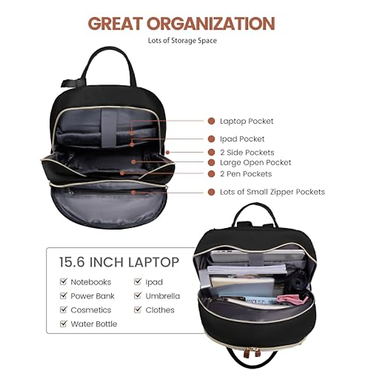 LOVEVOOK Laptop Backpack for Women, 15.6 Inch Travel Anti-theft Laptop Bag, Fashion Work Business Backpacks Purse, Warterproof College Teacher Nurse Computer Professor Daypack, Beige-Black-Brown