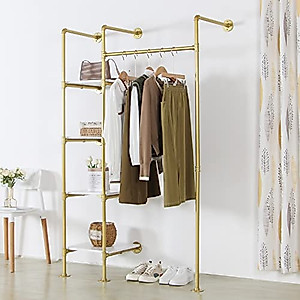 EDCB Garment Rack Heavy Duty Clothes Rack for Hanging Clothes, Metal Freestanding Closet Wardrobe Rack, Gold Industrial Pipe Clothing Rack with Shelves Closet Rods System