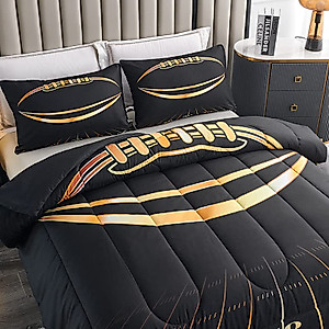 Helloosuu Boys Comforter Set, Twin Size, Football Themed, 3 PCS Including 1 Comforter & 2 Pillowcases, All Season Use, Black and Gold