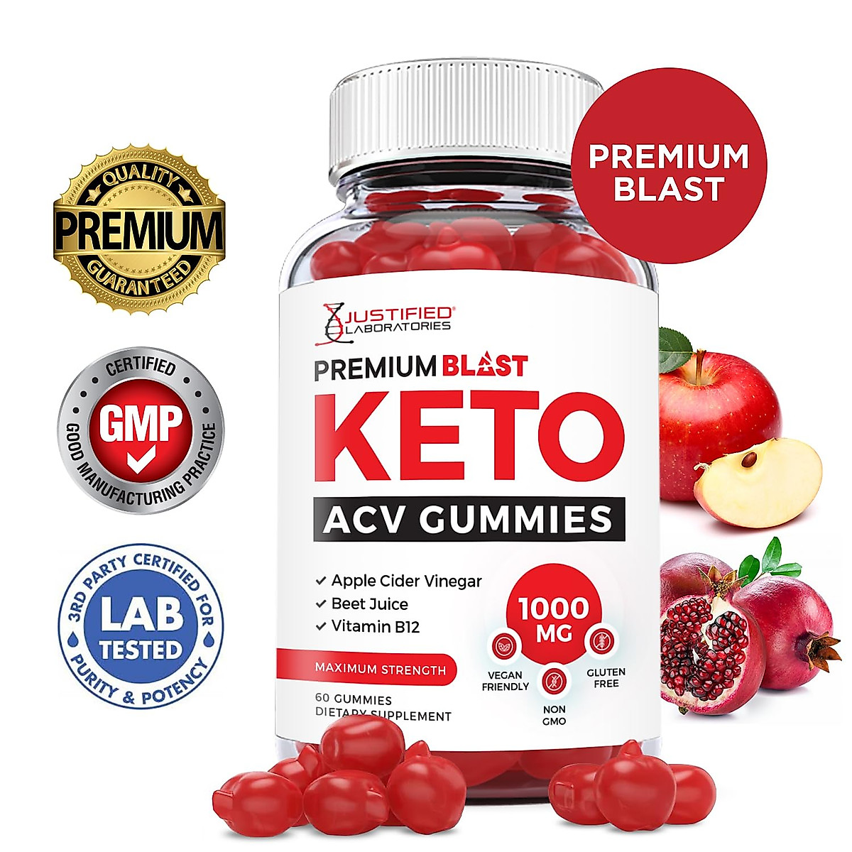 Justified Laboratories Premium Blast Keto ACV Gummies 1000MG with Pomegranate Juice Beet Root B12 60 Gummys