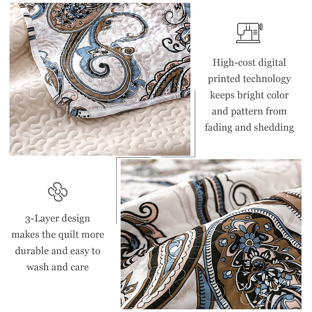 Whale Flotilla Reversible Paisley Quilts King Size, Lightweight Boho Printed Bedspreads Coverlets Quilt Bedding Set with 2 Pillow Shams for All Seasons, Bone/Grey