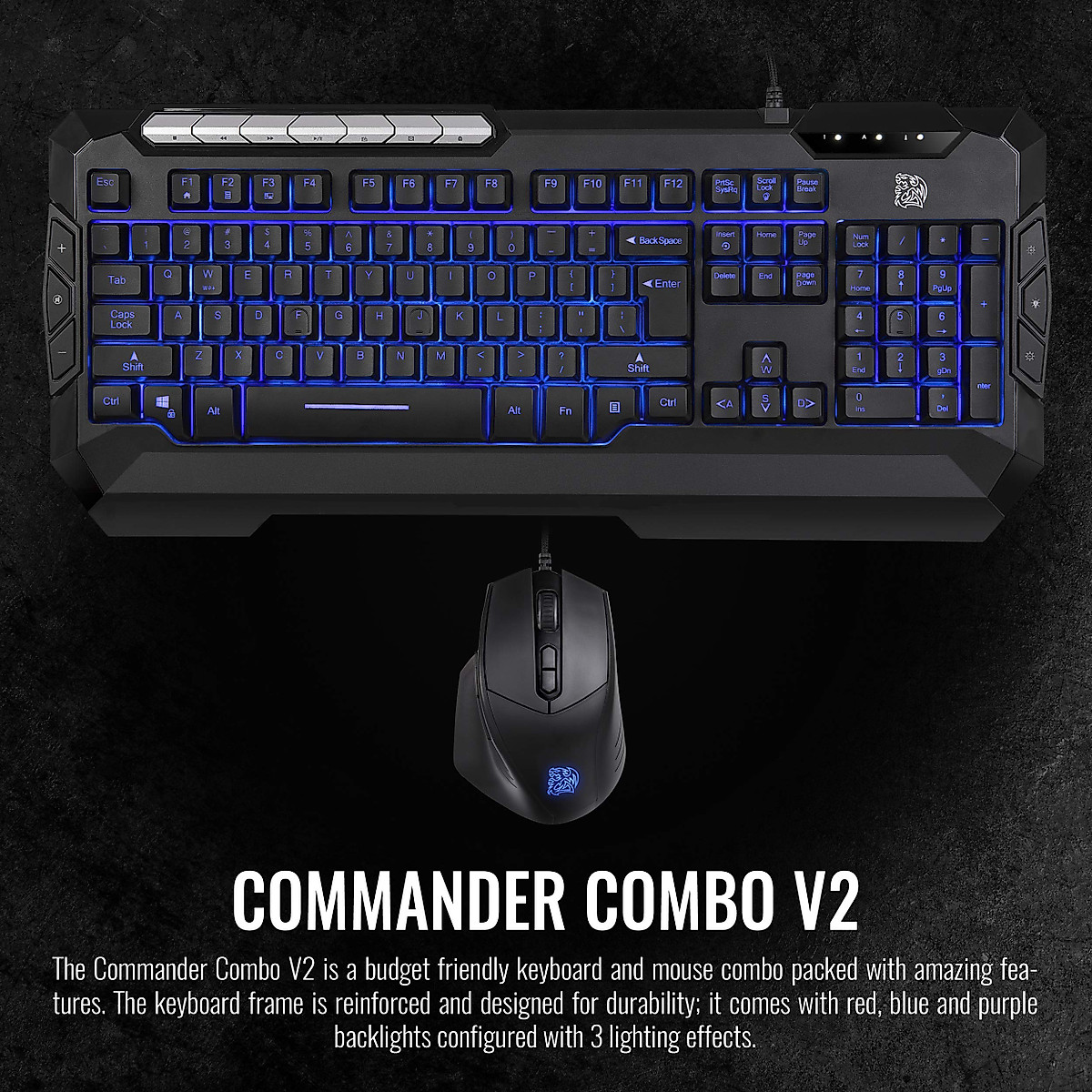 Thermaltake Tt eSPORTS Commander Combo V2, Gaming Keyboard and Gaming Mouse with 2500 DPI, 3 Color Back Lights and Lighting Effect, CM-CMC-WLXXMB-US