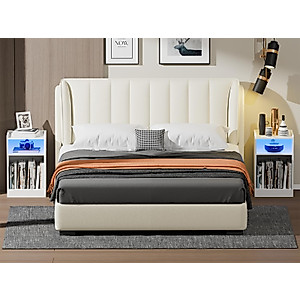 Furologee White Record Player Stand, Wood Nightstand/End Table with Charging Station and LED Lights, Modern Vinyl Record Player Turntable Table with 3 Tier Open Storage Cabinet for Bedroom