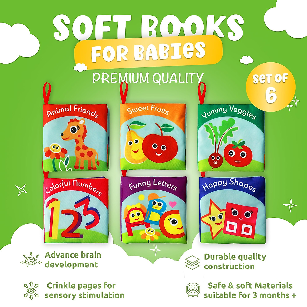 Cloth Books for Babies (Set of 6) - Premium Quality Soft Books for Babies. Touch and Feel Crinkle Paper. Cloth Books for Early Children's Development.