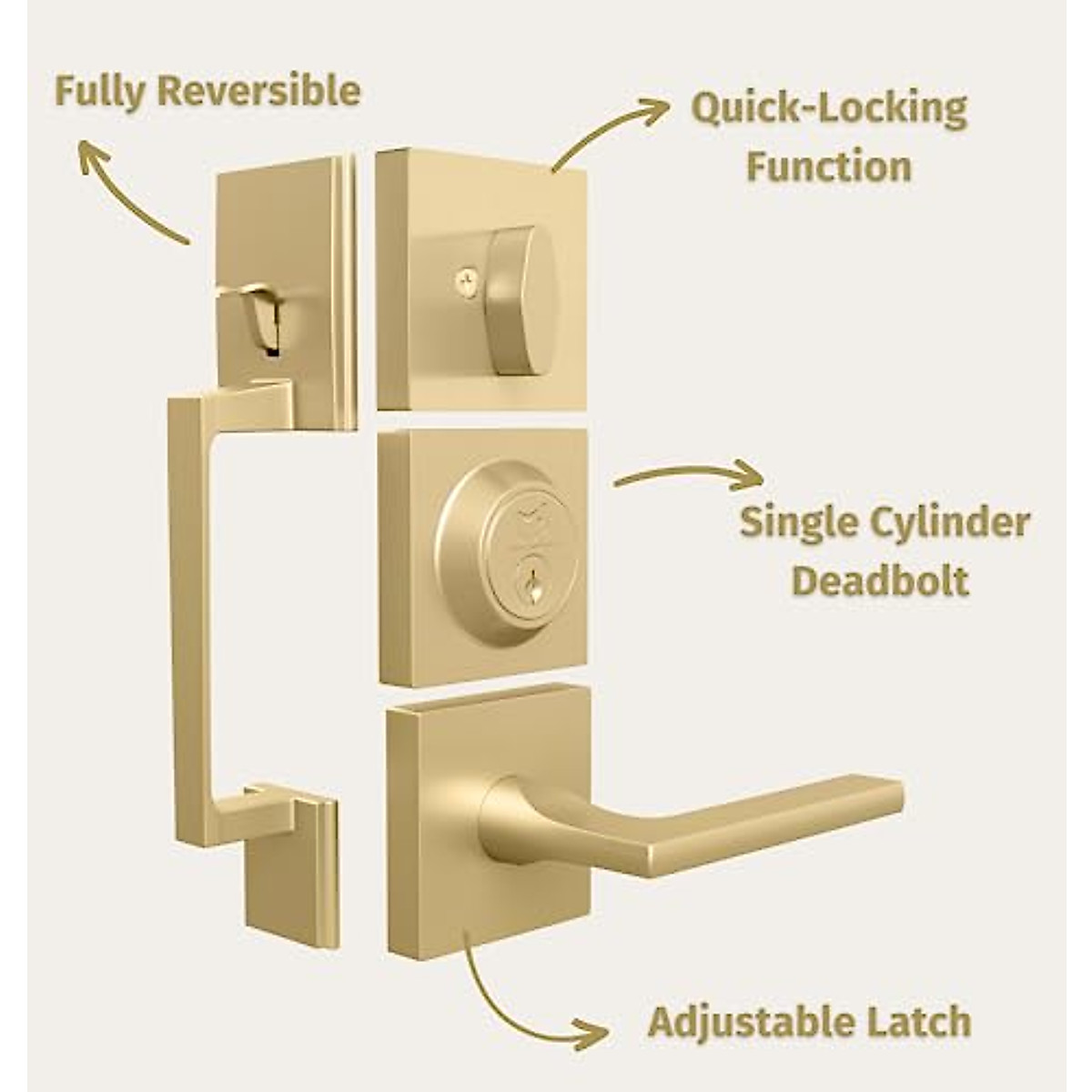Mega Handles Gold Entry Door Handleset - Single Cylinder Handleset with Lever for Entrance and Front Doors - Modern Door Handles with Design for Left and Right-Handed Doors - Straight Handle