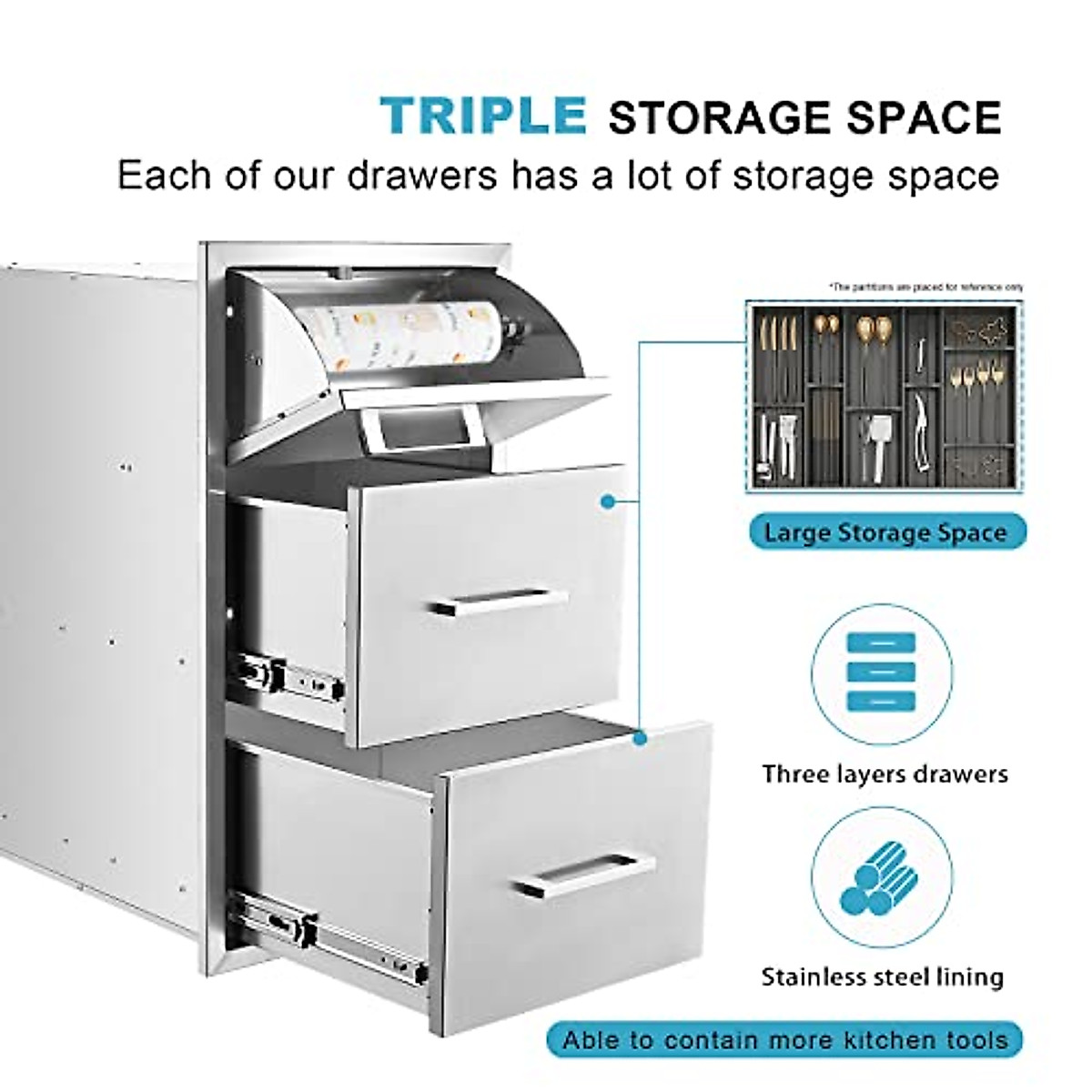 ARTYUIO Outdoor Kitchen Drawers Stainless Steel 17W x 30H x 21D Inch BBQ Storage Cabinets Drawers with Handles, Flush Mount Double Drawers,1 Paper Towel Holder for Outdoor Kitchen