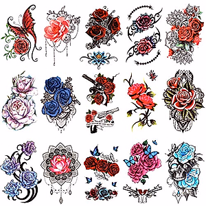 Konsait 15 Sheets Flower Temporary Tattoos for Women, Half Arm Tattoos Sleeves Stickers, Rose Flower Skull Butterfly Fake Tattoos, Arm Chest Shoulder Decorations Tattoos for Adults Girls Kids