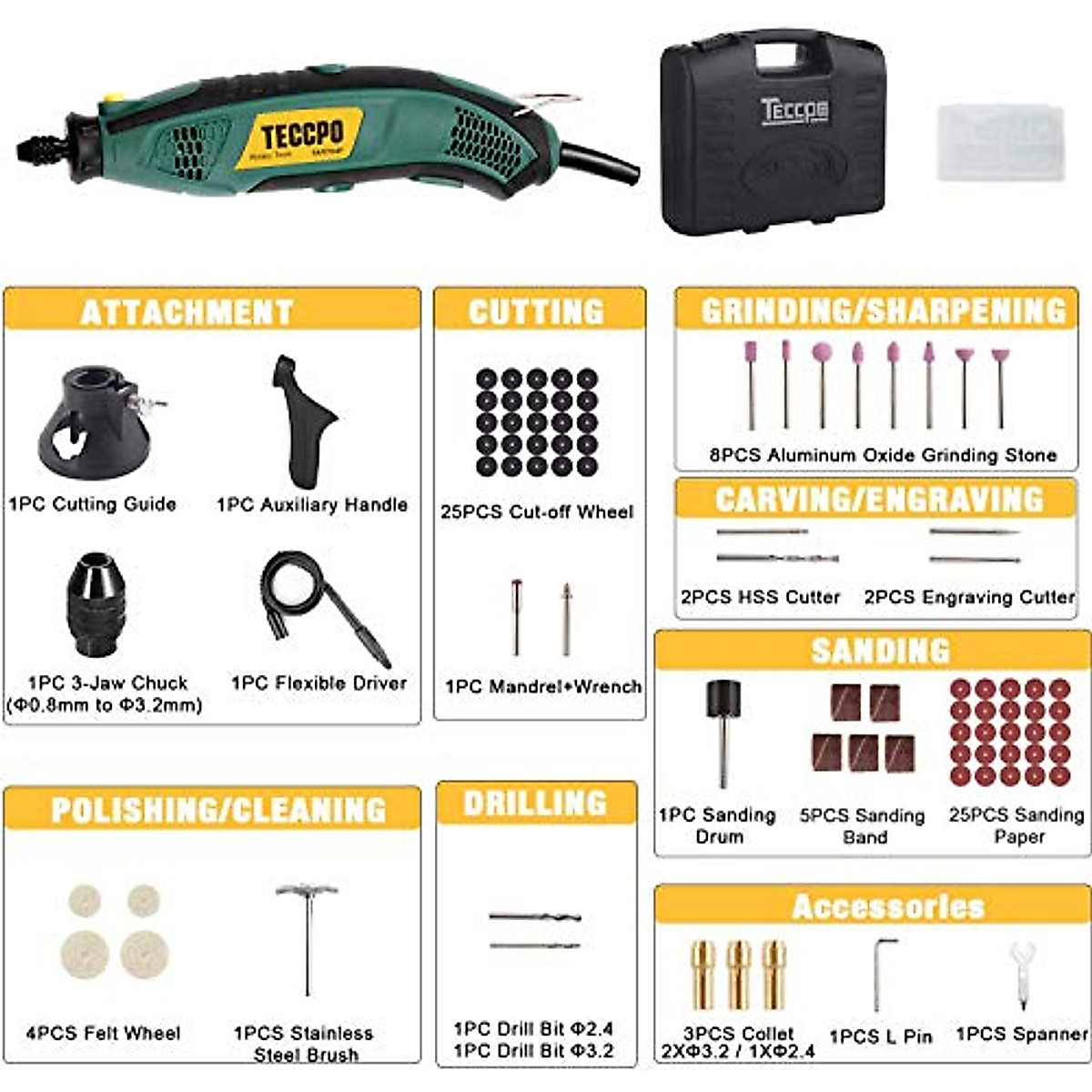 TECCPO Rotary Tool Kit 1.5 amp, 6 Variable Speed with Flex shaft, Universal Keyless Chuck, 84 Accessories, Cutting Guide, Auxiliary Handle and Carrying Case, Multi-functional for Crafting Projects