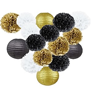 16Pcs of Tissue Paper Pom Poms Mixed Paper Lanterns Craft Kit, Suitable for Gold Theme Party Baby Shower Birthday Party Bridal Shower and Wedding Party Decoration (Black/Gold) (a)