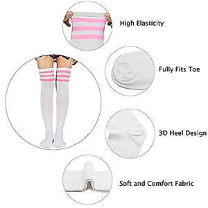 Century Star Women's Casual Athlete Striped Over Knee Thin Thigh High Tights Long Stocking Socks B 1 Pair White Pink One Size