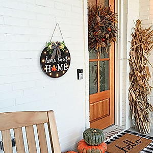 Interchangeable Welcome Sign for Front Door with 14 Changeable Icons, Farmhouse Front Porch Decor Rustic Wooden Wall Sign with 12 LED Lights, Outdoor Seasonal Welcome Home Decorations (Black1)