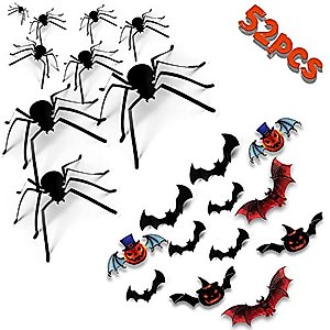 Halloween 3D Bat Decoration Stickers Spider Decals for Wall Window 52 Pcs Party Ornaments, Scary Home Decor DIY Set Suitable for Indoor Outdoor Room Waterproof Bathroom Supplies Realistic Craft Cling