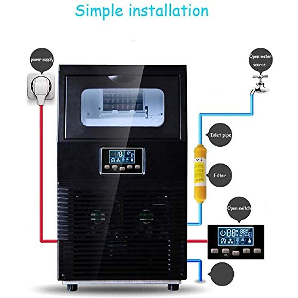 Ice Cube Makers, Freestanding Commercial Ice Pounds Storage Capacity - Ideal for Restaurants Bars Homes and Offices - Includes Scoop and Connection Hose
