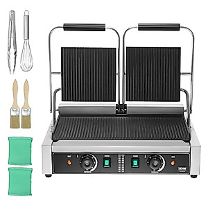 VEVOR Commercial Panini Grill, 3600W Electric Sandwich Panini Maker, Stainless Steel Double Sandwich Press, Panini Grill Temp Control & 19"x9" Full Grooved Enamel Plate, for Hamburger Steak Bacon