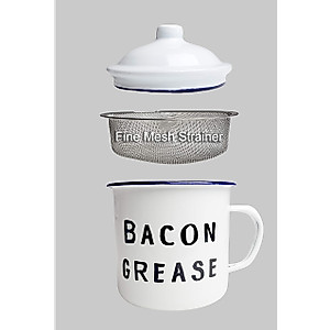Bacon Grease Container with strainer - rustic mid-century modern farmhouse design, white enamel on metal, 4 inch x 4 inch vintage enamelware with lid (Black)