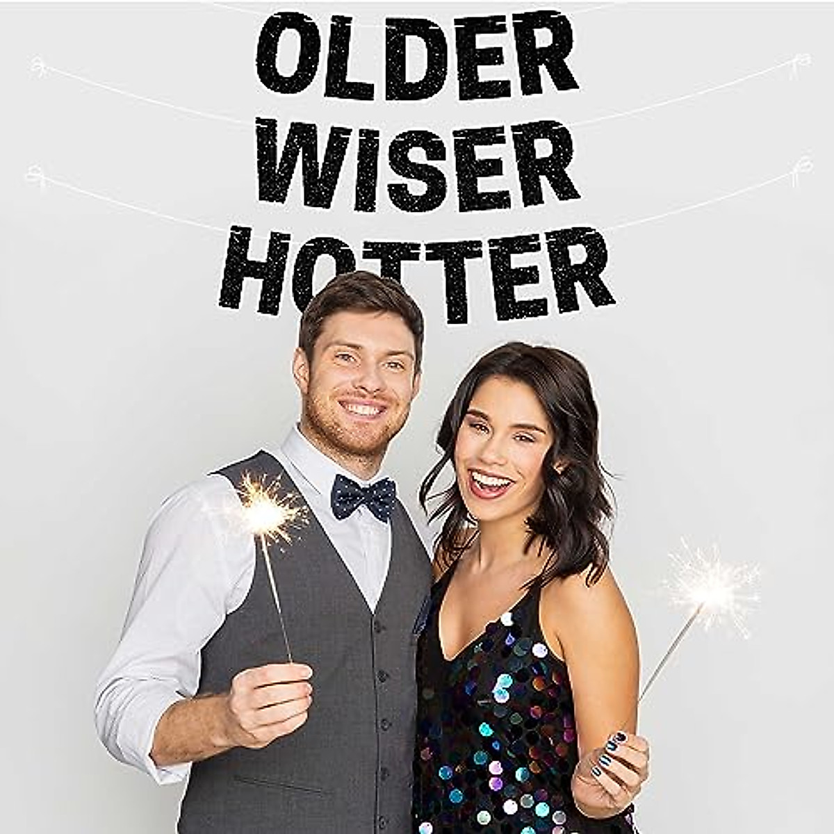 Pre-Strung Older Wiser Hotter Banner - NO DIY - Black Glitter Happy Birthday Party Banner - Pre-Strung Garland on 8 ft Strands. Black Birthday Party Decorations For Men & Women. Did we mention no DIY?