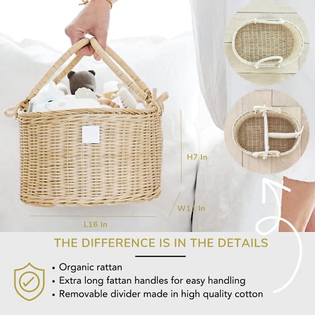 BEBE BASK Baby Diaper Caddy Organizer in Organic Rattan w Removable Divider - Luxury Wicker Diaper Caddy Basket Makes The Perfect Cute Diaper Caddy for Baby Girl & Diaper Caddy for Baby Boy