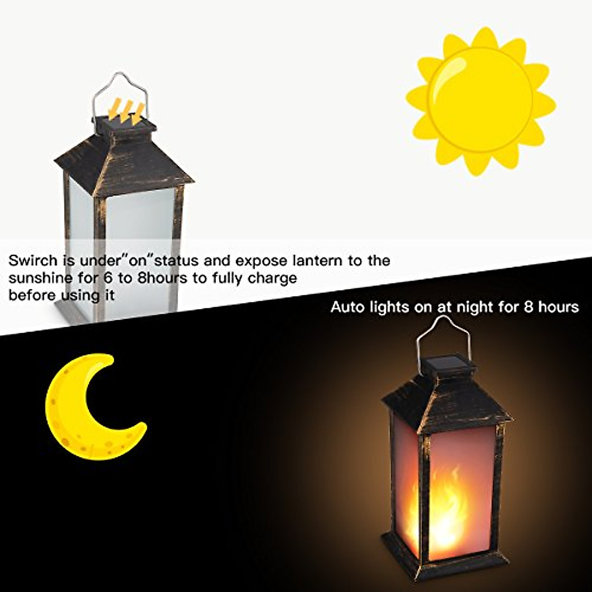 13" Vintage Style Solar Powered Flame Effect (Metallic Coating Black,Plastic),Garden Light Vivid Fire Effect,Outdoor Solar Hanging Lantern,Decorative Candle Lanterns ZKEE (Set of 2)