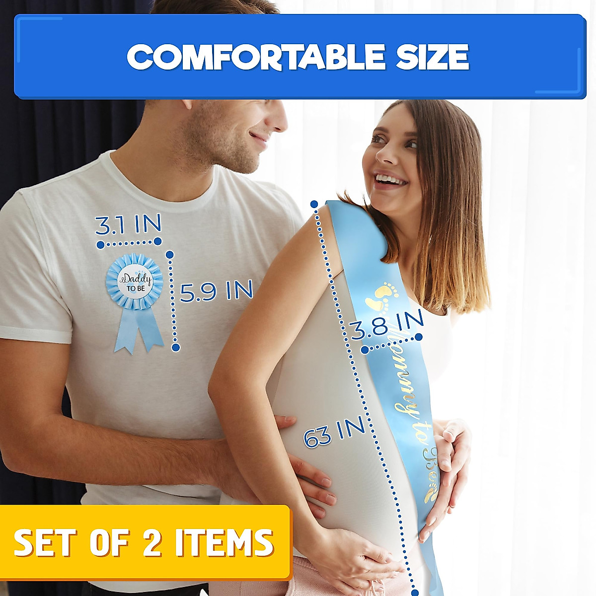 Baby Shower Sash for Mommy - Set of 2 Blue Satin Mommy to Be Sash with Dad to Be Pin, Elegant Glossy Texture with Gold Glitz Letters, Easy to Wear - Lightweight and Durable Baby Shower Decorations Boy